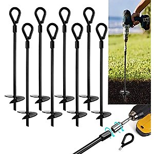 VASGOR 15” Ground Anchors (8pcs) Easy to Use with Drill, 3" Helix Diameter, Heavy Duty Anchor Hook for Camping Tent, Canopies, Car Ports, Sheds, Swing Sets, Securing Animals – Black Powder Coated (8)
