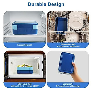 ZMYGOLON Bento Lunch Box for Kids,Lunch Bento Box Container Leak Proof for Kids Adults Teens School, Lunch Containers with 3 Compartments and Spoon,Fork (blue-sn)