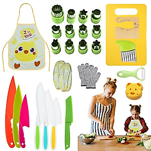 28 Pcs Plastic Toy Kitchen Tools Sets for Kids - Safe Knives Set with Cutting Board,Crinkle Serrated Edges/Wooden Cutter, Fruit Vegetable Mold/Peeler, Kids Knifes for Cooking with Protective Clothing