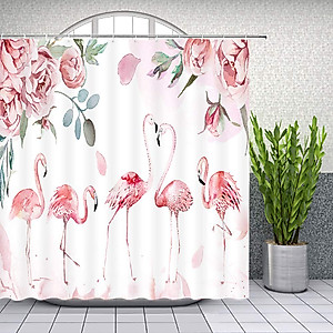 Flamingo Shower Curtain Rose Flower Birds Animal Watercolor Art Romantic Pink White Blush Bathroom Curtains Decor Polyester Fabric Include Hooks,(70" WX70 H)