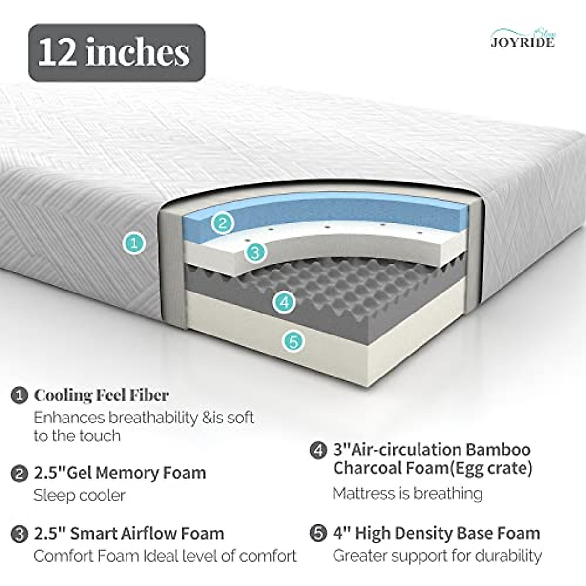 JOYRIDE SLEEP Memory Foam Mattress,12 Inch,Infused Bamboo Charcoal,Cooling Gel Infused, Medium Firm,Pressure Relief,Bed in a Box (King Size)