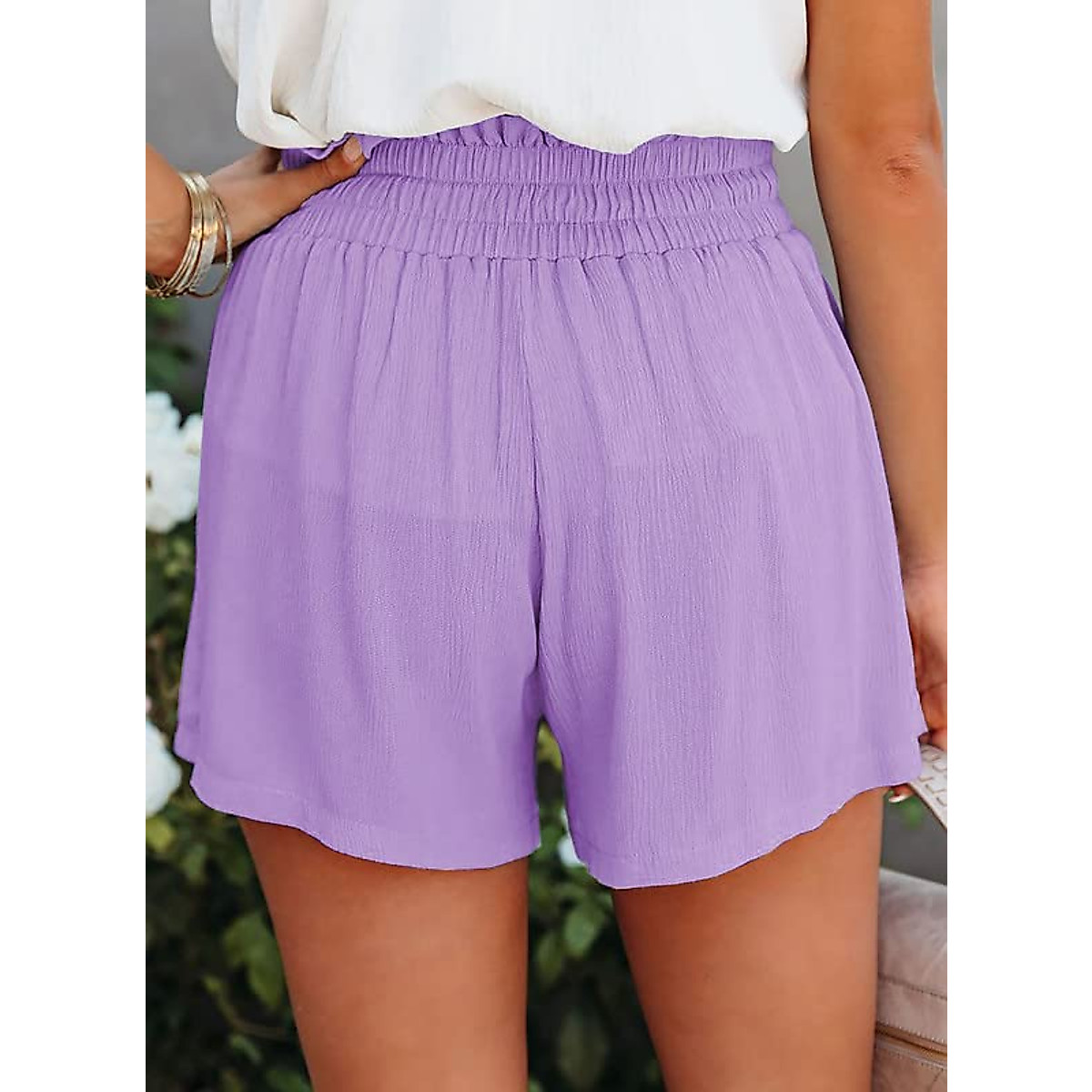 Dokotoo Womens Ladies Athletic Summer Casual Smocked Ruffle Elastic High Waisted Soft Comfy Fashion Beach Shorts for Women Purple Medium