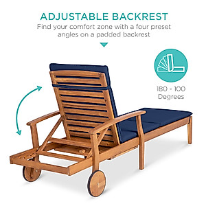 Best Choice Products 79x26in Acacia Wood Chaise Lounge Chair Recliner, Outdoor Furniture for Patio, Poolside w/Slide-Out Side Table, Foam-Padded Cushion, Adjustable Backrest, Wheels - Navy Blue