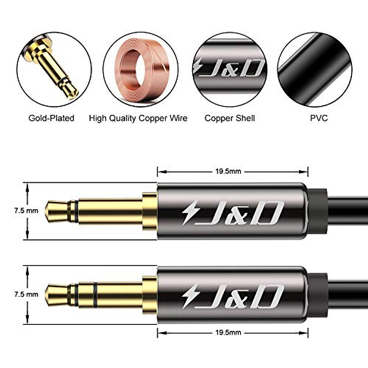 J&D Airplane Airline Flight Cable for Headphones, 3.5mm 1/8 inch TRS Male to Dual 3.5mm 1/8 inch TS Male Gold Plated Copper Shell Heavy Duty, 9 Feet