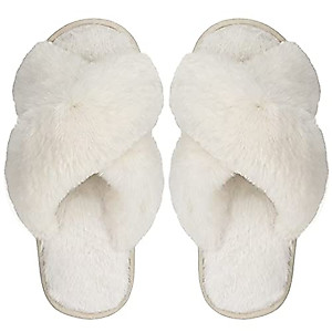 DOIOWN Women's Fuzzy Beige Slippers Memory Foam Cute House Slippers Plush Fluffy Furry Open Toe Home Shoes Bridal Bridesmaid Gifts for Wedding (Size 9-10)