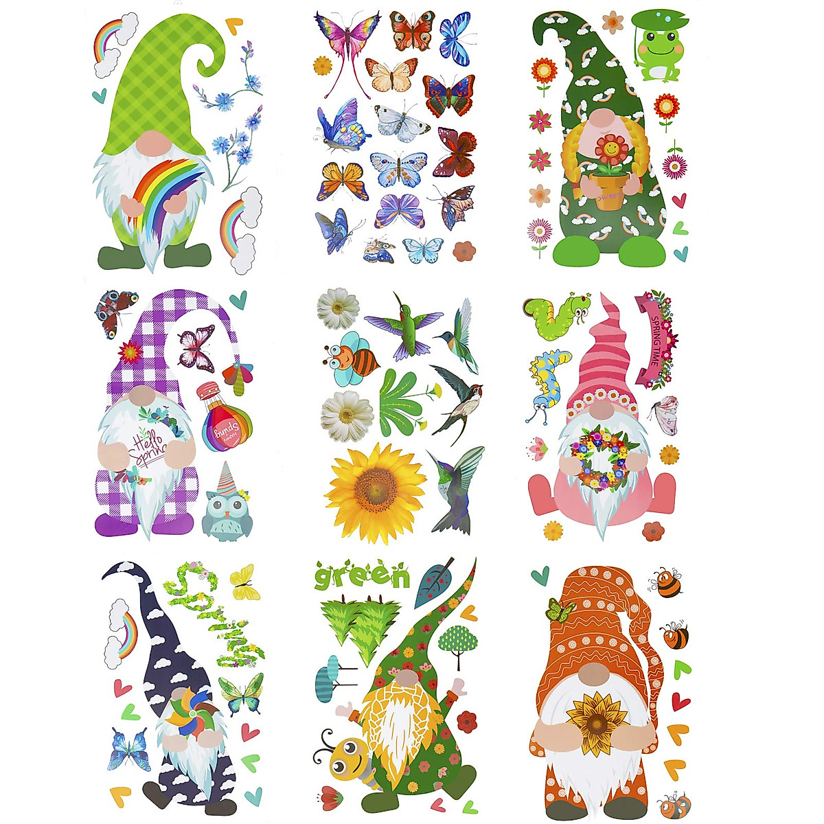 9 Sheets Spring Gnome Static Window Clings- Double Sided Faceless Doll Flowers Butterfly Window Decals Stickers in 9 Styles Party Favors for Spring Home Cafe Restaurant Glass Door Window Decors