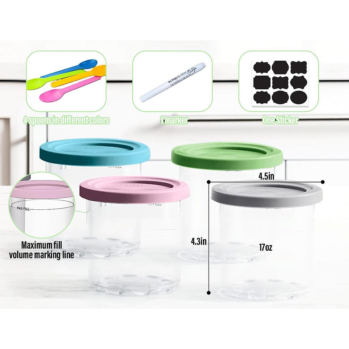 Litex Ninja Creami Pints 4 Pack，Creami Pints and Lids for Ninja，Smoothie Pot Compatible with NC299AMZ & NC300s Series Creamer Ice Cream Maker Machine，Dishwasher Safe, W/ 4X Spoon, 1 Marker and Sticker