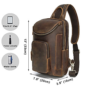 LANNSYNE Vintage Full Grain Leather Sling Bag Crossbody Chest Daypack