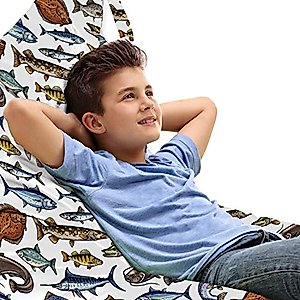 Lunarable Fish Theme Lounger Chair Bag, Marlin Scad Horse Mackerel Scomber Anchovy Tuna Sardine Salmon on Plain Back, High Capacity Storage with Handle Container, Lounger Size, Multicolor