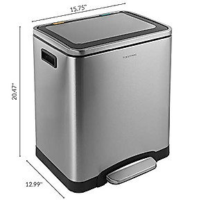 happimess HPM1004A Elmo Rectangular 8-Gallon Double Bucket Trash Can with Soft-Close Lid, No Slamming, Fingerprint-Proof, Kitchen, Laundry Room, Office, 7.9 Gallons, Stainless Steel
