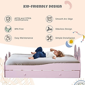 Merax Children Cat-Shaped Platform Bed with Trundle, Wooden Bedframe, No Box Spring Needed, Twin Size, Pink