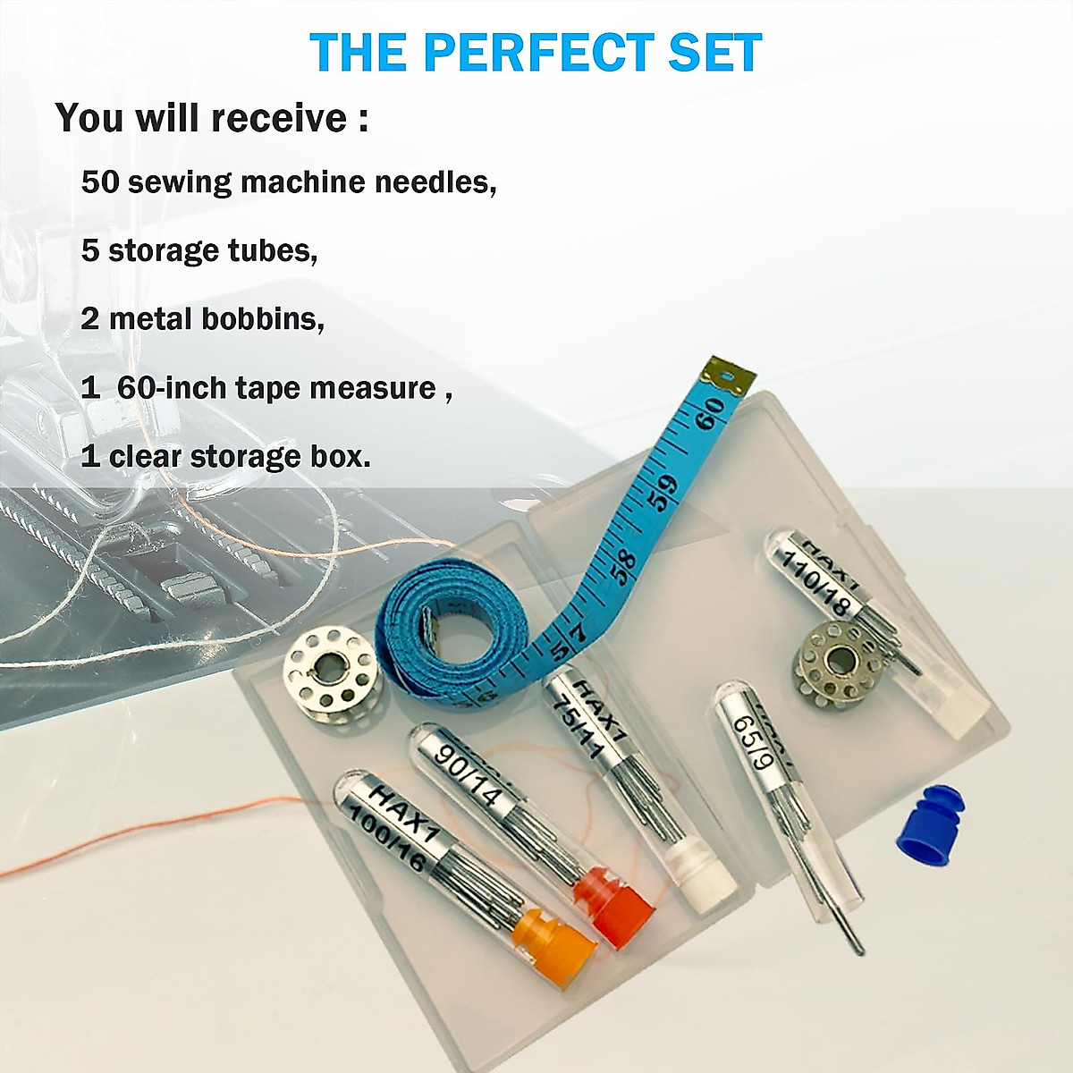 Sewing Machine Needles, Pack of 50, for Singer, Brother, Janome, Varmax and Home Sewing Machines. Universal Standard Needles in Sizes 65/9, 75/11, 90/14, 100/16, 110/18