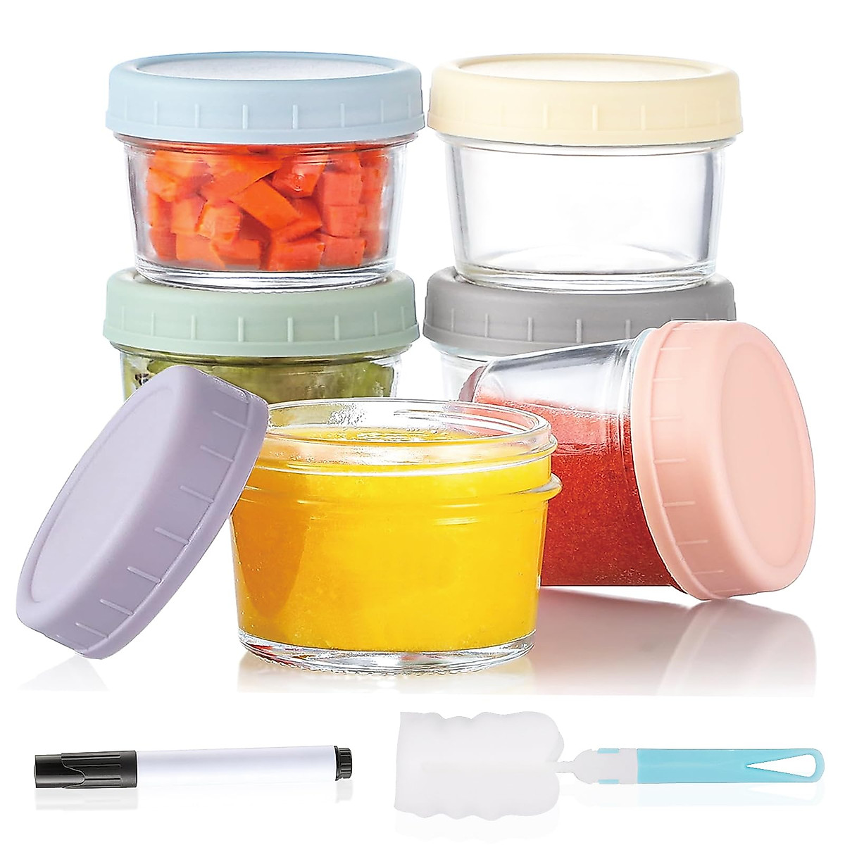 6Pack2.7oz Glass Salad Dressing Container To Go,Small Glass Containers With Lids,Reusable and Leakproof Dipping Sauce Cups Set,Salad Dressing Container Lunch Box Work Trip,With brush,Liquid Chalk Pen