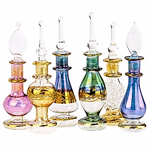 NileCart Egyptian Perfume Bottles Wholesale Set Of 6 Size 2” (5 cm) mouth-blown with handmade golden Egyptian decoration for Perfumes & Essential Oils