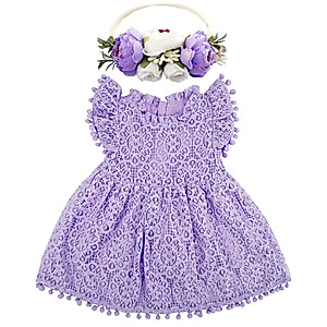 BGFKS Baby Girl Tutu Dress Elegant Lace Pom Pom Flutter Sleeve with Flower Headband Set(Purple,3T)