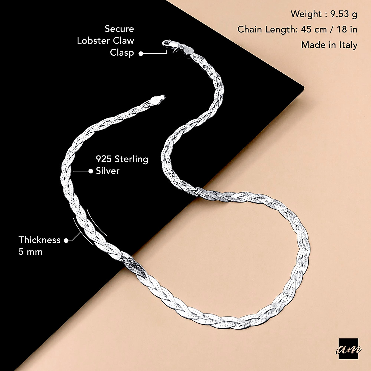 Amberta Women's 925 Sterling Silver Braided Herringbone Chain Necklace (Length 18 inch): Silver