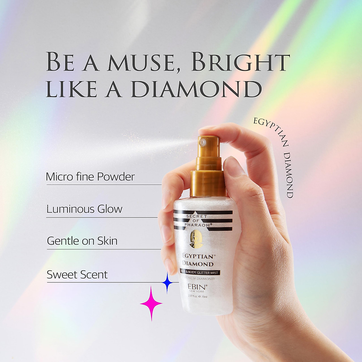 EBIN NEW YORK Egyptian Diamond Hair, Face & Body Glitter Mist - Gold 2.37oz | Quick-Drying, Long-Lasting Shiny Spray for Clothes, Rave, Festival, Travel Essentials | TikTok Trend Items