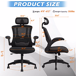 PrimeZone Ergonomic Office Desk Chair - Computer Chair with Adjustable Flip-Up Armrests, Lumbar Support, Headrest & Tilt Function, Comfortable Task Chair for Work Study, 350 lbs Capacity, Black