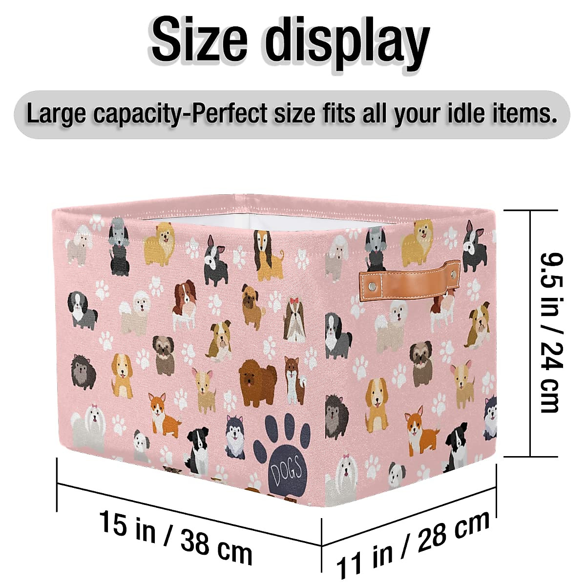 Storage Baskets with Handles, Cute Dogs Pink Storage Cube Rectangular Fabric Collapsible Toy Storage Bin Organizer for Closet Shelf Laundry Nursery Kids Bedroom, 15x11x9.5 In