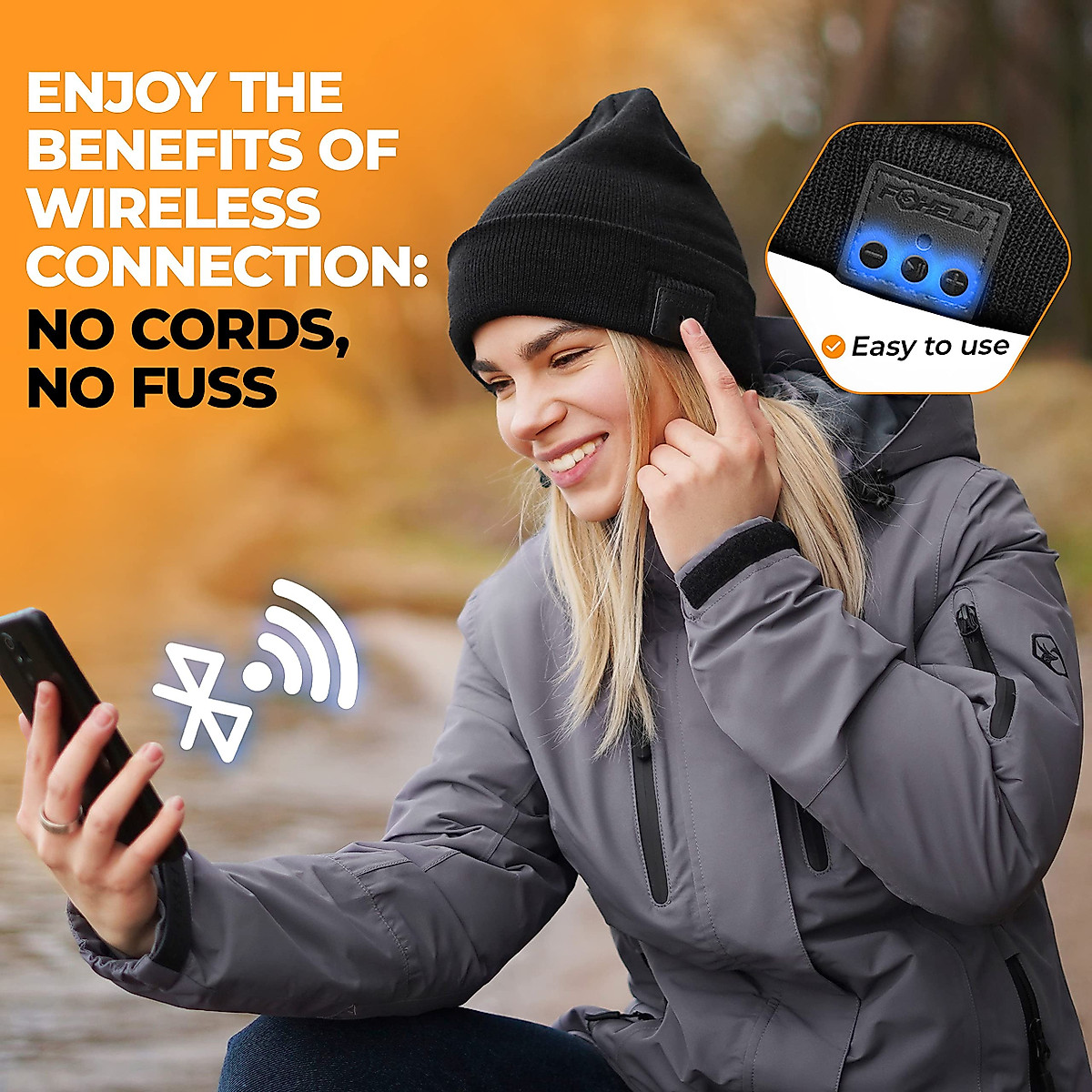 Foxelli Bluetooth Beanie – Wireless Beanie Hat with Headphones for Men & Women Black