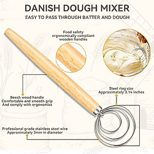 Danish Dough Whisk - Bread Whisk Set of 3 pieces, Bread Making Tools and Supplies, Sourdough Bread Whisk, Dutch Whisk for Dough, With Dough Scraper Bread Cutter, Bread Lame Dough Scoring Tool, Blades