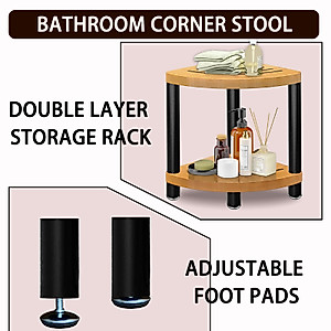 Corner Shower Stool with Storage Shelf,Waterproof Bamboo Corner Shower Seat for Bathroom,Sturdy and Non-Slip Shower Bench for Shaving Legs,Height Adjustable Metal Chair legs with Anti Slip Pad (Brown)