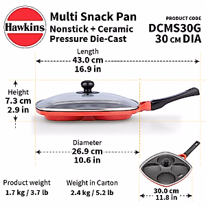 Hawkins 30 cm Die-Cast Multi Snack Pan with Glass Lid, Nonstick Mini Uttapam Tawa, Pancake Pan, Red (DCMS30G)