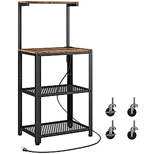 IRONCK Bakers Rack with Power Outlet, Industrial Microwave Cart with Wheels 3-Tier Coffee Bar for Kitchen Living Room Vintage Brown