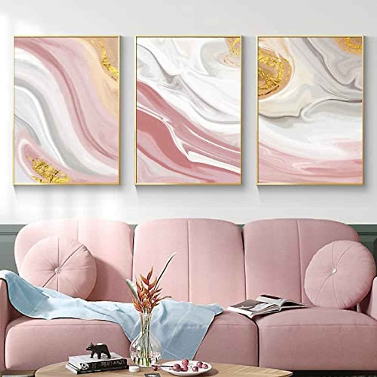 Pink Marble Canvas Wall Art Glitter Gold Blush Picture Blush Marble Wall Art Abstract Gold Foil Artwork Pink and Gold Marble Canvas Luxury Pink White Painting Modern Room Decor 16x24inchx3 No Frame