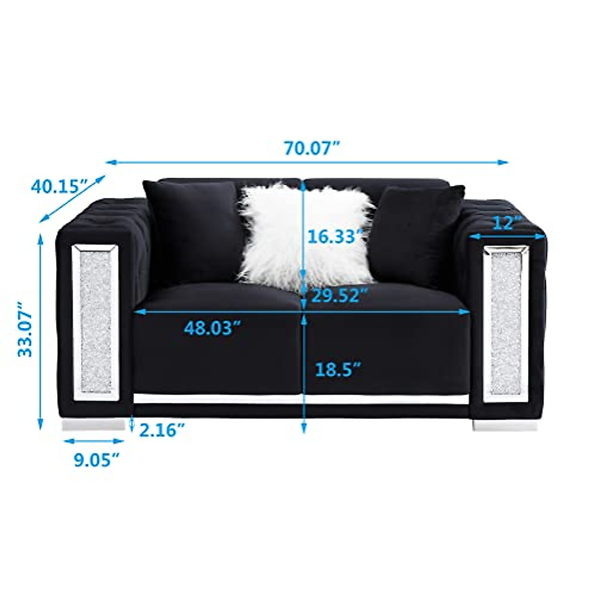 Melpomene Black Velvet Loveseat Sofa,Handmade Button Tufted Square Arm withFaux Diamonds, Mirrored Trim,Silver Metal Legs