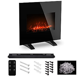 Electric Fireplace Wall Mounted Heater, 1500W Freestanding Fireplace Heater with 10 Colorful Flame Brightness Adjustment, 3D Realistic Flame Effect, Full Screen Glass & Remote Control, 26 Inch