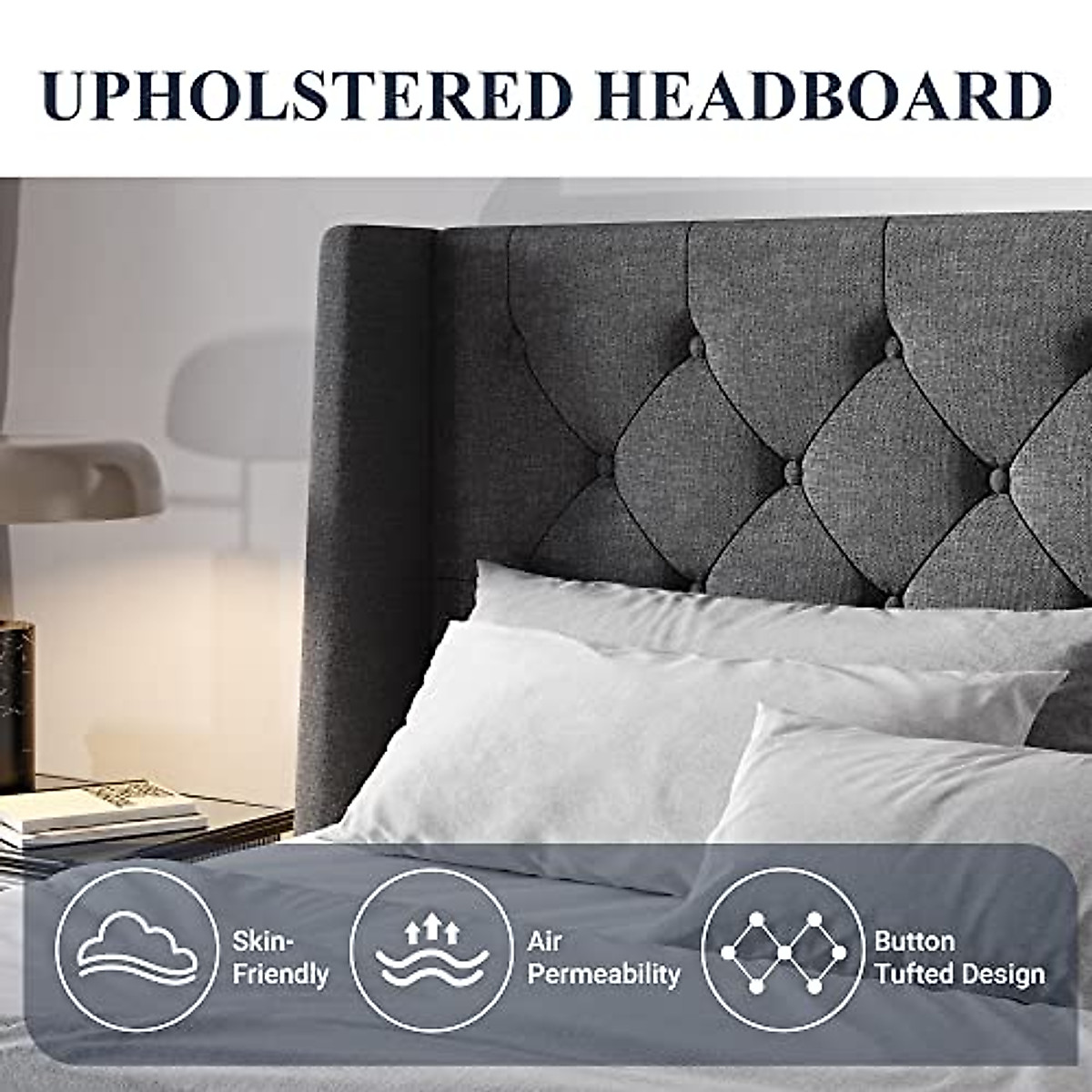 Allewie King Size Upholstered Platform Bed Frame with Wingback and Button Tufted Headboard for Reading, Strong Wood Slat Support, Modern Design, Easy Assembly, Dark Grey