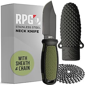 RPG Mini Small Black Full Tang Fixed Blade EDC Tactical Neck Knife with Link Chain Necklace & Plastic Molded Sheath - Concealable Minimalist EDC Survival Knife - 2.5 inch Blade - Stainless Steel