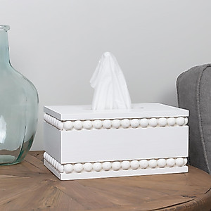 AuldHome Design Beaded Rectangular Tissue Box Cover (White); Rustic Farmhouse Wood Oblong Tissue Holder