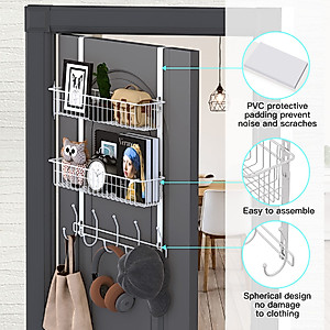 LUCYCAZ Over The Door Hooks Organizer, Door Hanger Towel Rack with 10 Coat Hooks & 2 Mesh Basket Over The Door Shelf, Back of Door Storage Organizer for Barthroom Kitchen Hanging Towel Clothes (White)