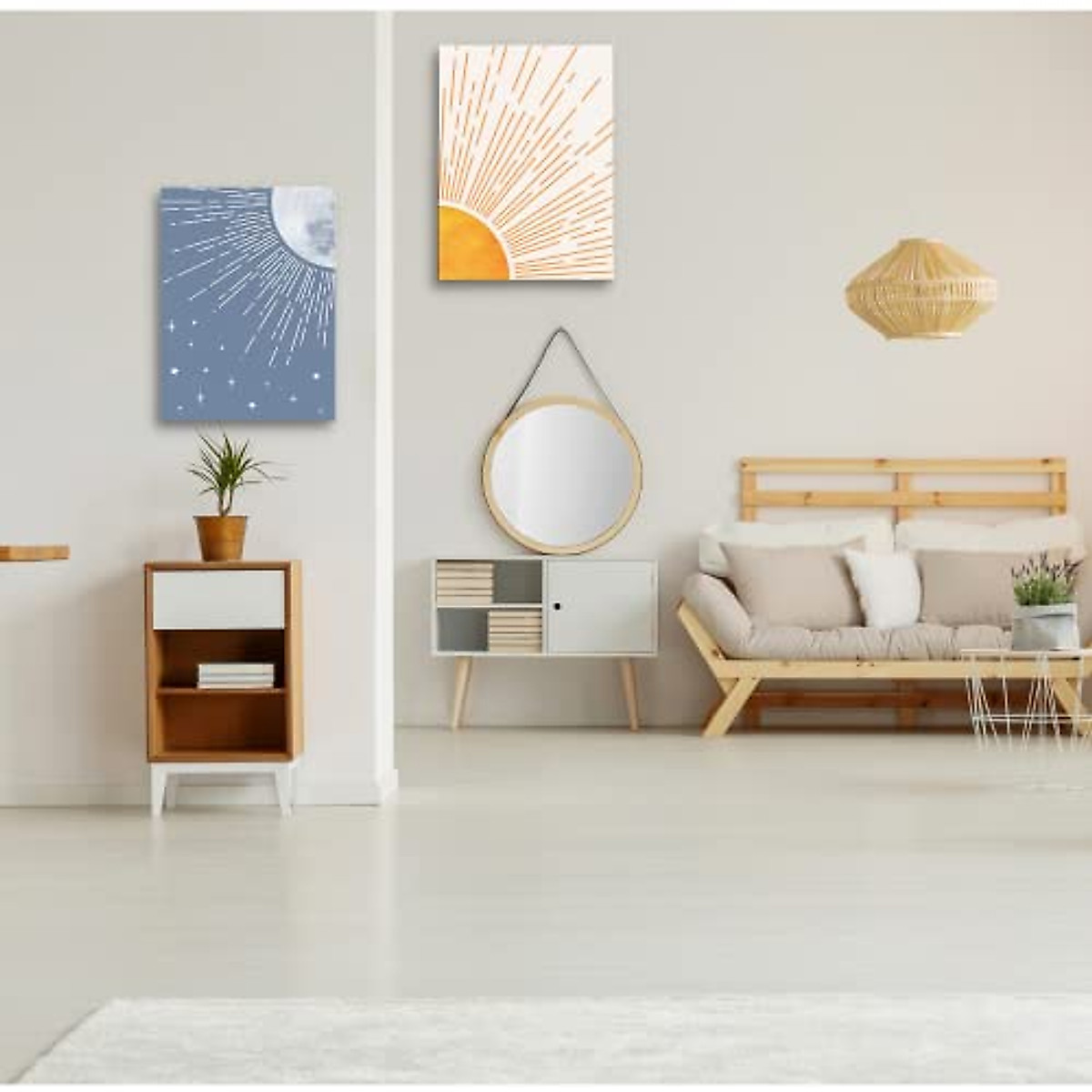 Creoate Boho Wall Decor Art 2 Pieces Sun and Moon Picture Canvas Print Framed Set Artwork for Minimalist Home Decor, Modern Boho Wall Art, 12x16 Inch x2pcs