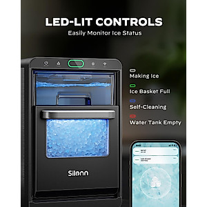 Nugget Ice Maker Countertop - Silonn Smart Pebble Ice Machine, Pellet Ice 44 lbs per Day, Crushed Ice from Timer Function and Status Alerts with Silonn App, Stainless Steel