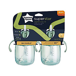 Tommee Tippee Superstar Weighted Straw Cup for Toddlers, 6m+, 10oz, 2 Pack Leak and Shake-Proof, Antimicrobial Technology, Green
