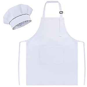 SUNLAND Kids Apron And Hat Set Children Chef Apron For Cooking Baking Painting White(S:3-6 Years)¡­