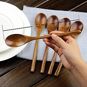 Wooden Spoons, Wood Spoons for Eating, 6 Pieces Japanese Natural Plant Ellipse Wooden Ladle Spoon Set for Cooking Mixing Stirring Honey Tea Soda Dessert Coconut Bowl Nonstick Pots Kitchen,FDA Approved