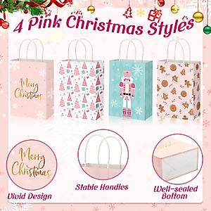 Zhanmai 24 Pcs Pink Christmas Gift Bags with Tissue Paper Gingerbread Gift Bags Nutcracker Wrapping Bags with Handles for Xmas Holiday Winter Baby Shower Birthday Favor Gift Wrapping, 8 x 6 x 3 Inch