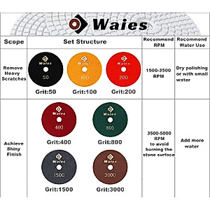 Waies 4 Inch Diamond Polishing Pads Wet Dry with 5/8"-11 Backer Pad 8 Pieces Polish Pad Kit for Drill Grinder Polisher 50-3000 Grit for Granite Tile Marble Concrete Stone Polishing Countertop Quartz