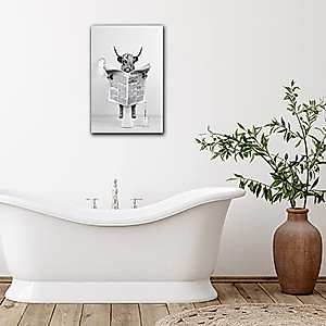 ENBIDAVI Funny Highland Cow Wall Decor Black and White Cow Reading Newspaper on Toilet Canvas Art Print For Bathroom Farmhouse Bedroom Unframed 12x18 Inches