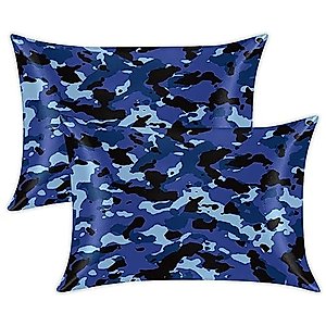 Blue Abstract Camouflage Camo Satin Pillow Cases Silk Satin Pillowcase for Hair and Skin Standard Set of 2 Super Soft Silk Pillowcase with Envelope Closure (20x26 in)
