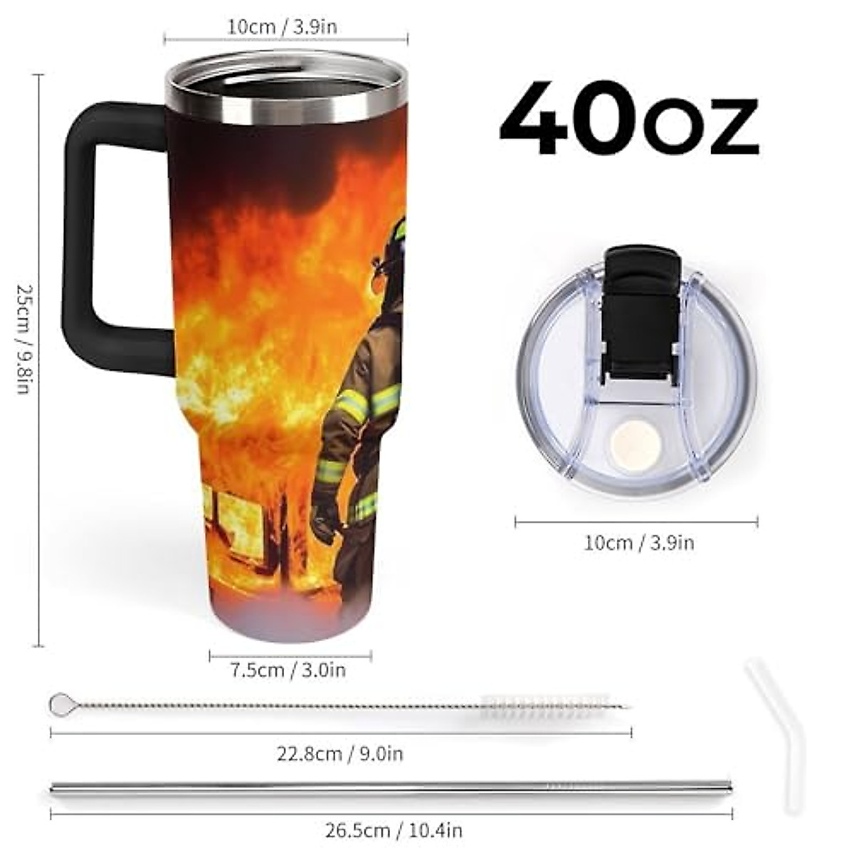 NVBSKKDH Firefighter Fireman Flame 40 Oz Stainless Steel Tumbler with Handle & Straw Double-Walled Vacuum Insulated Travel Mug for Hot/Cold Drinks, Reusable Thermal Cup for Car Cup Holder