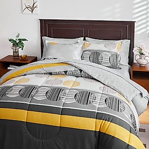 Stripes Bed in a Bag Queen Size 7 Pieces Black Gray Yellow Comforter Sheet Set with Circles All Season Bed Comforter Set (1 Comforter 2 Pillow Shams 1 Flat Sheet 1 Fitted Sheet 2 Pillowcases)