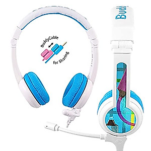 ONANOFF BuddyPhones School+ Safe Audio School Headphones for Kids, High-Performance BeamMic, Detachable BuddyCable, Anti-Allergic Earpad with Carry Bag, Blue