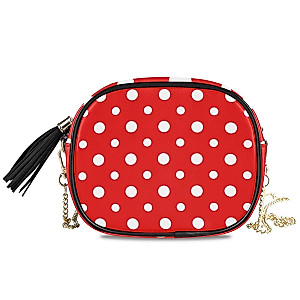 Vikko Red And White Polka Dot Small Crossbody Bag Handbag Purse PU Leather Women Shoulder Chain Bag With Metal Chain Strap And Tassel Top Zipper