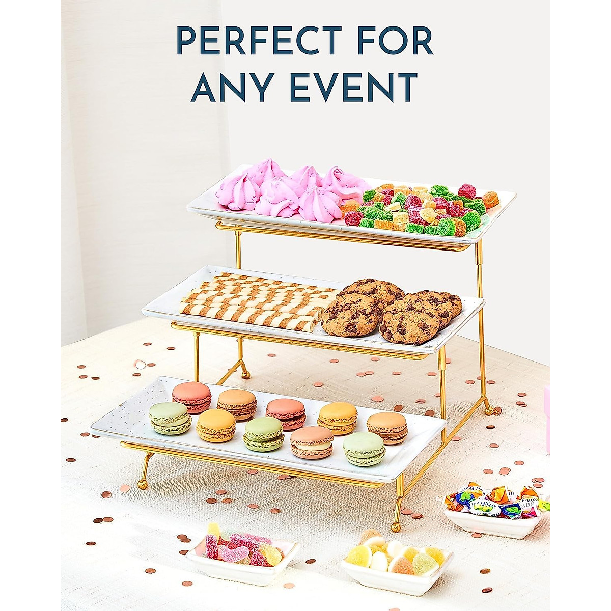 3 Tier Gold Serving Tray Stand with Dipping Bowls - Dessert and Fruit Platter for Hosting, Parties, Celebrations - Swiveling Collapsable Stackable