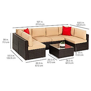 Best Choice Products 7-Piece Modular Outdoor Sectional Wicker Patio Furniture Conversation Sofa Set w/ 6 Chairs, 2 Pillows, Seat Clips, Coffee Table, Cover Included - Brown/Tan